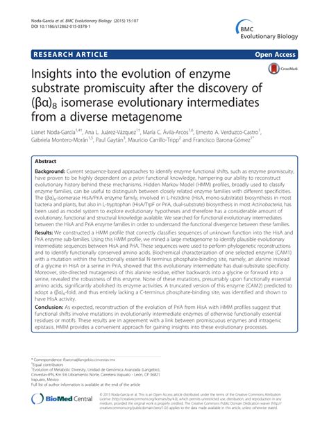 Pdf Insights Into The Evolution Of Enzyme Substrate Promiscuity After The Discovery Of βα8