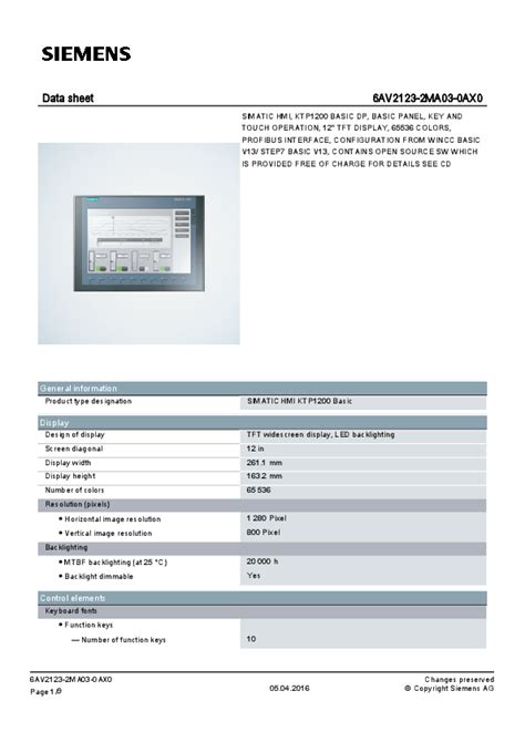 Siemens Simatic Hmi Ktp1200 Basic