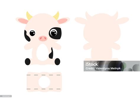 Diy 귀여운 암소 초콜릿 계란 홀더 템플릿 부활절 달걀소매 종이 상자 인쇄 가능한 색상 구성표입니다 레이저 절단 벡터 템플릿 격리 된 포장 디자인 그림 Diy에 대한 스톡