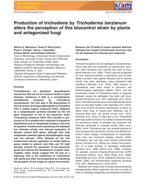 Pdf Production Of Trichodiene By Trichoderma Harzianum Alters The Perception Of This