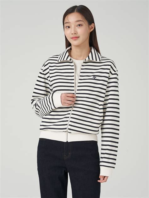 빈폴 레이디스 코튼 집업 스트라이프 스웨트 셔츠 아이보리 위시버킷