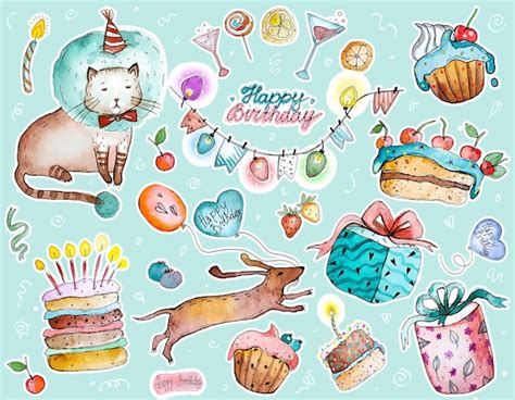 스티커 클립 아트의 수채화 세트 빈티지 스타일의 생일 축하합니다 프리미엄 벡터