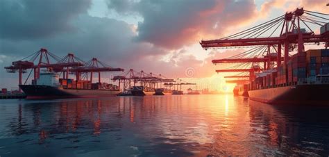 Busy Seaport With Cargo Ships Loaded Cranes Lifting Containers At Sunset Logistics Operations