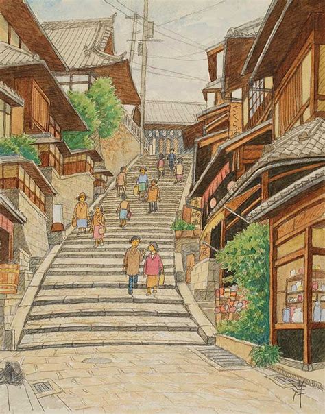 風景イラスト 水彩京の四季 三年坂 東山