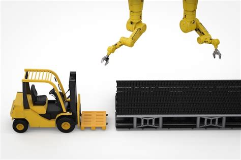 지게차와 컨베이어 벨트가 있는 3d 렌더링 로봇 팔 프리미엄 사진