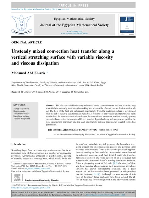 PDF Unsteady Mixed Convection Heat Transfer Along A Vertical Stretching Surface With Variable