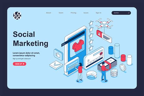 랜딩 페이지 템플릿을 위한 3d 아이소메트릭 디자인의 소셜 미디어 마케팅 개념입니다 온라인 상점 블로그를 팔로우하고 광고를 보고 모바일 앱에서 구매하는 사람들 웹용 벡터