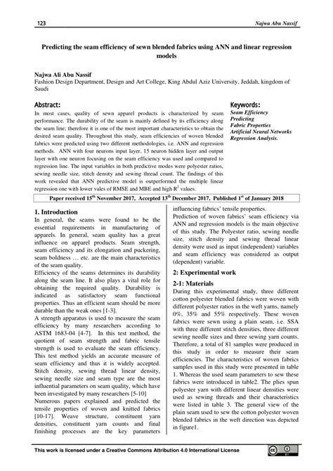 Pdf Predicting The Seam Efficiency Of Sewn Blended Fabrics Using Ann And Linear Regression Models
