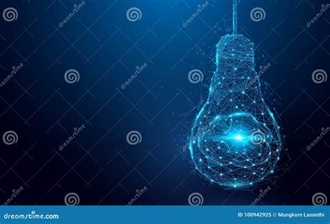 Brain In A Lightbulb From Lines And Triangles Point Connecting Network On Blue Background Stock