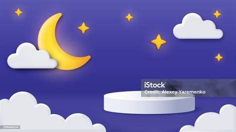 3d 야간 연단 초승달과 별 근처의 흰색 받침대와 무대 아동 상품의 제품 배치 및 홍보를 위한 장소 광고용 쇼케이스 템플릿입니다 아이소 메트릭 벡터 일러스트 레이 션 3차원
