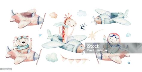 수채화 세트 아기 만화 귀여운 파일럿 기린 코알라 곰과 비행기 풍선 구름 완료 조류 항공 하늘 수송 코끼리 유치한 소년 패턴 베이비 샤워 일러스트 기린에 대한 스톡 벡터