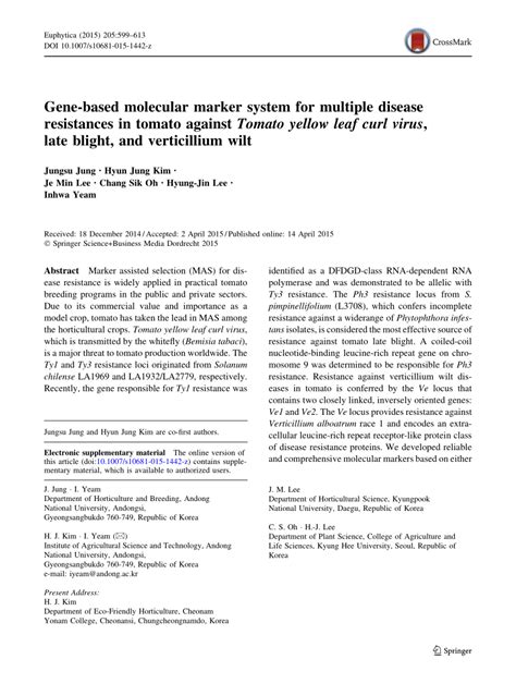 Pdf Gene Based Molecular Marker System For Multiple Disease Resistances In Tomato Against