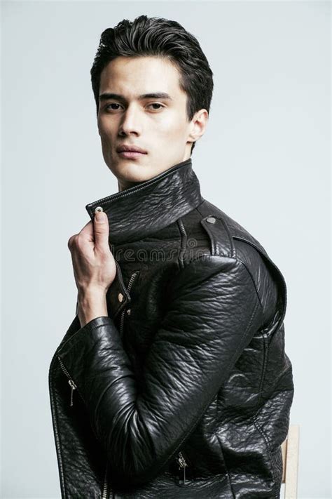 Young Handsome Man Leather Jacked On Naked Torso Emotional Posing