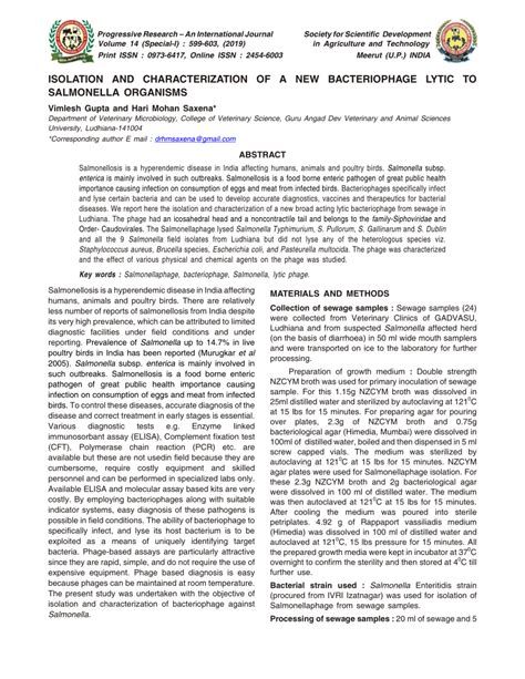 Pdf Isolation And Characterization Of A New Bacteriophage Lytic To Salmonella Organisms