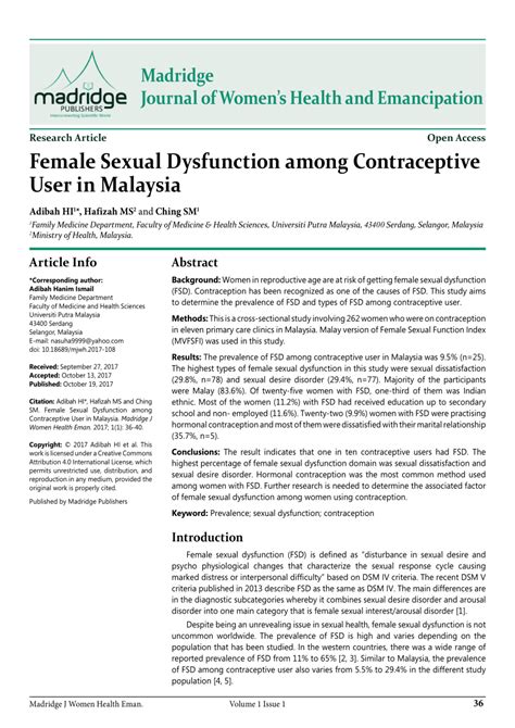 Pdf Female Sexual Dysfunction Among Contraceptive User In Malaysia