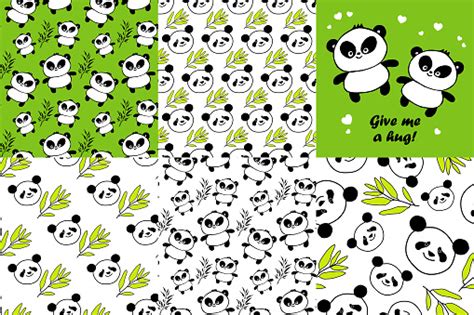 재미 있는 팬더의 집합입니다 5 완벽 한 배경 그리고 1 엽서입니다 잉크를 사용 하 여 그린 흑백 팬더입니다 검은색에 대한 스톡 벡터 아트 및 기타 이미지 Istock