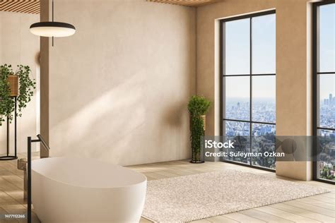 욕실 캐비닛의 모형을 위한 빈 베이지색 벽 현대적인 욕실 욕조 쪽모이 세공 마루 바닥 창문에서 바라보는 도시 전망 3d 렌더링 벽에 대한 스톡 사진 및 기타 이미지 Istock