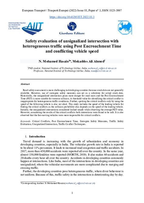 Pdf Safety Evaluation Of Unsignalized Intersection With Heterogeneous