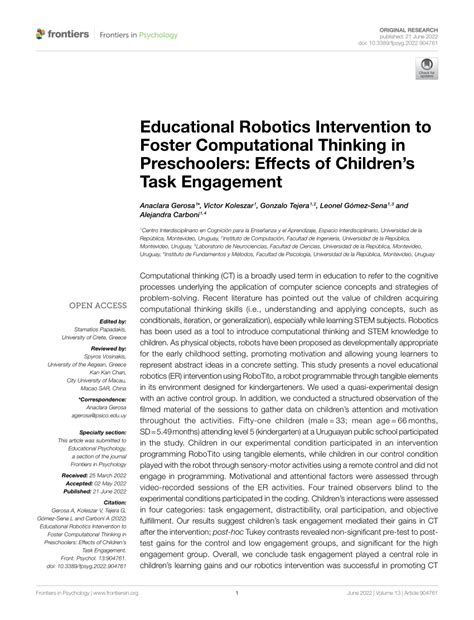 Pdf Educational Robotics Intervention To Foster Computational Thinking In Preschoolers