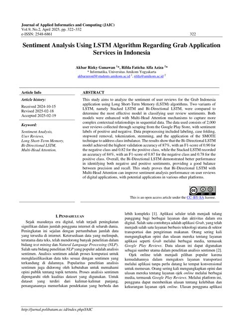 Pdf Sentiment Analysis Using Lstm Algorithm Regarding Grab Application Services In