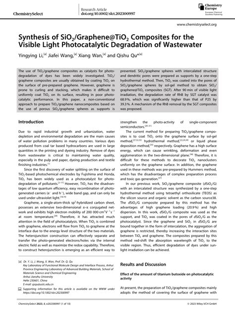 Synthesis Of Sio2 Graphene Tio2 Composites For The Visible Light Photocatalytic Degradation Of