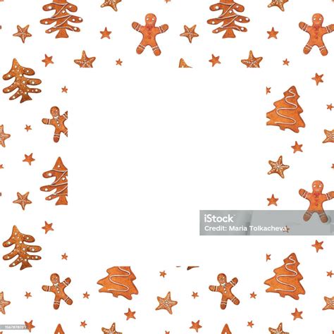 Bingkai Cat Air Kue Jahe Natal Manusia Roti Jahe Bintang Cemara Tampilan Atas Ilustrasi Cat Air
