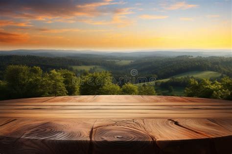 Sunset Showcase Empty Wooden Table Against Misty Landscape For Display Stock Illustration
