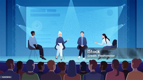 과학 컨퍼런스 무대 위의 청중 앞에서 과학자들의 발표와 함께 강연 기자 회견에 대한 스톡 벡터 아트 및 기타 이미지 기자 회견 컨퍼런스 이벤트 모임 Istock