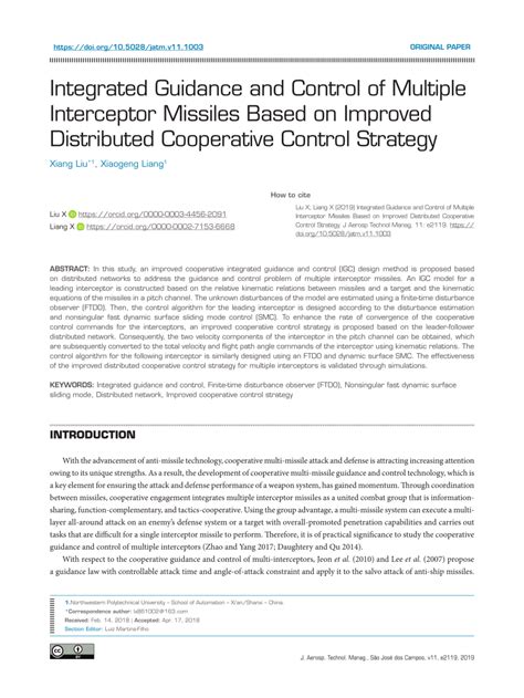 Pdf Integrated Guidance And Control Of Multiple Interceptor Missiles Based On Improved