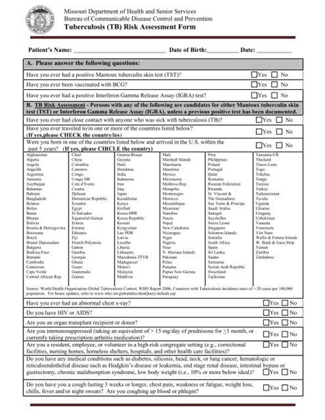 Tuberculosis Tb Risk Assessment Form