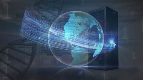 animation of colorful curve lens flare around globe over dna helix