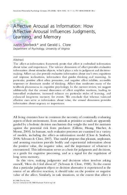 Pdf Affective Arousal As Information How Affective Arousal Influences Judgments Learning