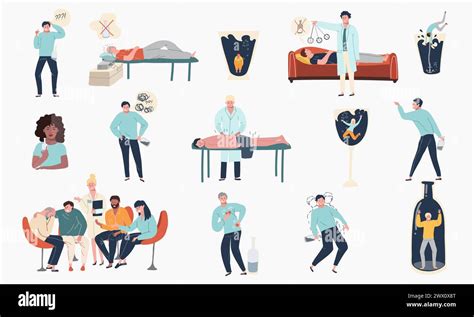 Alcoholism Treatment Flat Set Of Isolated Icons With People Getting Rid
