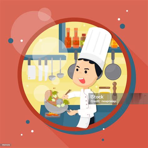 손잡고 요리사 문자 들고 실버 팬 만화 레스토랑의 주방 인테리어 가구와 기구입니다 주방에서 신선한 식품 재료입니다 평면 벡터 디자인 가정 주방에 대한 스톡 벡터 아트 및