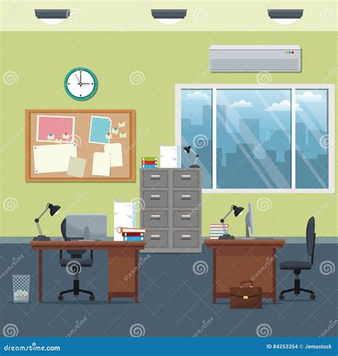 Workspace With Desks And Computers Vector Illustration 107518328
