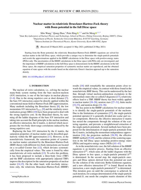 Pdf Nuclear Matter In Relativistic Brueckner Hartree Fock Theory With Bonn Potential In The