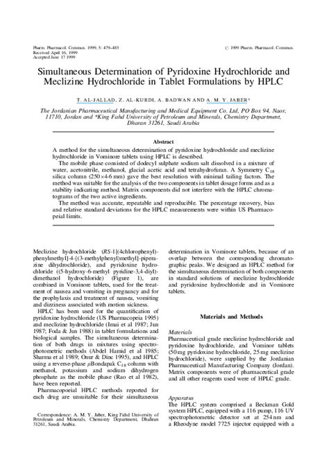 Pdf Simultaneous Determination Of Pyridoxine Hydrochloride And Meclizine Hydrochloride In