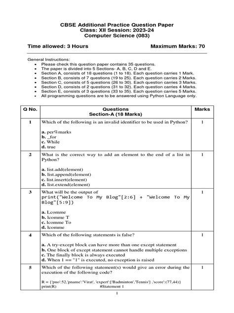 Computer Science Class 12th Xii Sample Exam Paper 1 Pdf World