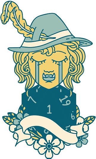 레트로 문신 스타일 우는 오크 음유시인 캐릭터 자연 하나 D20 롤 굴리기에 대한 스톡 벡터 아트 및 기타 이미지 굴리기