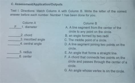 Solved C Assessmentapplicationoutputs Test I Directions Match