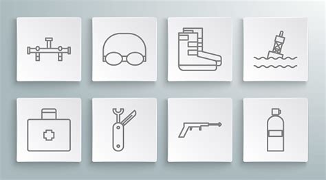 세트 라인 응급 처치 키트 수영용 안경 및 모자 스위스 군용 칼 낚시 작살 Aqualung 부츠 바다 부표 및 매니폴드 아이콘 벡터 건강 진단에 대한 스톡 벡터 아트 및