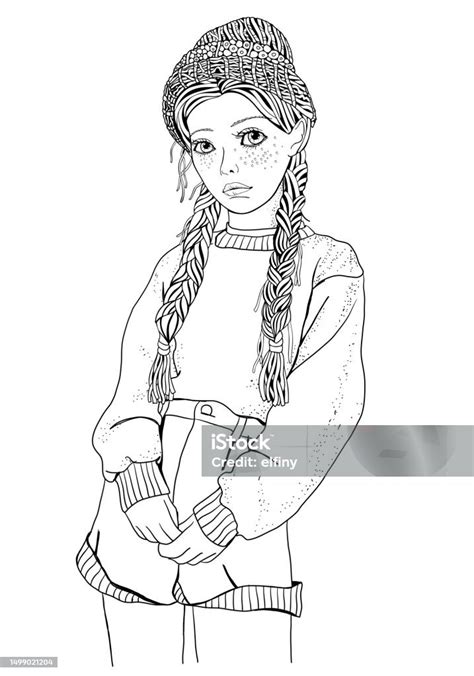 어린 아름 다운 소녀입니다 두 개의 머리띠 성인과 어린이를 위한 흑백 낙서 색칠하기 책 페이지 땋은 머리에 대한 스톡 벡터 아트 및 기타 이미지 Istock
