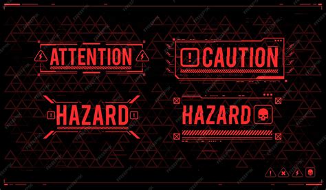 인쇄 및 웹 레터링을 위한 Hud 요소가 있는 개념적 레이아웃 Hud 위험 영역 경고 및 경고 주의 표시가 있는 미래형 사용자 인터페이스 요소 프리미엄 벡터
