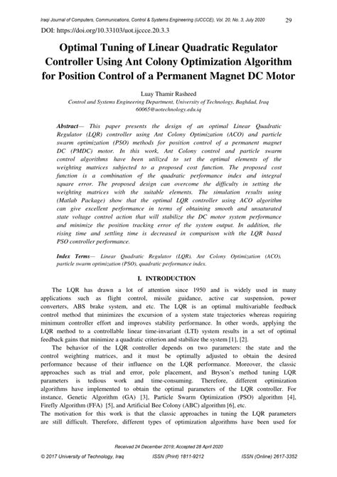 Pdf Optimal Tuning Of Linear Quadratic Regulator Controller Using Ant Colony Optimization