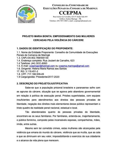 Projeto Maria Bonita Empoderamento Das Mulheres Cercadas Pela ViolÊncia Do CÁrcere Feccompar