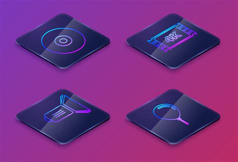 리본 등극 라인 Cd 또는 Dvd 디스크 영화 스포트라이트 4k 영화 테이프 프레임 및 풍선을 리본으로 설정합니다 파란색 정사각형 버튼 벡터 0명에 대한 스톡 벡터 아트 및