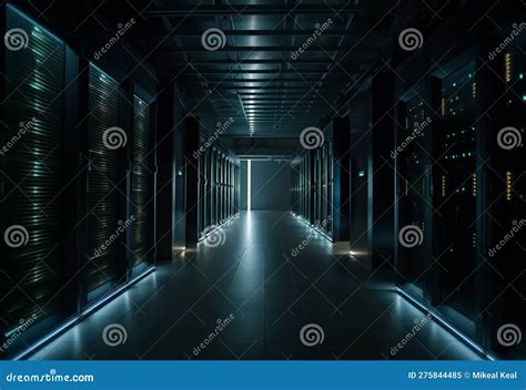 Shot Of Data Center With Multiple Rows Of Fully Operational Server Racks Modern