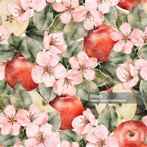 잎과 꽃이 있는 신선한 빨간 사과의 완벽 한 패턴입니다 음식 질감입니다 빨갛고 육즙이 풍부한 사과를 통째로 반복 주스 팩 식탁보
