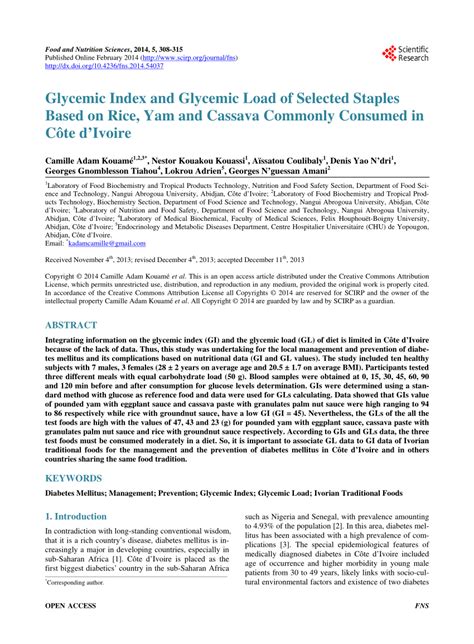Pdf Glycemic Index And Glycemic Load Of Selected Staples Based On Rice Yam And Cassava