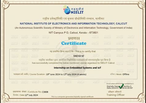 Sneha M On Linkedin I Completed An Internship On Embedded Systems And Iot At Nielit Calicut